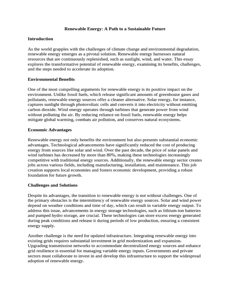 Essay On Renewable Energy | PDF | Renewable Energy | Wind Power