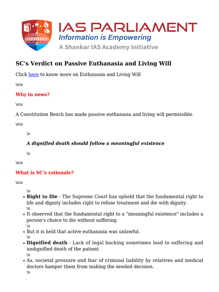 Scs Verdict On Passive Euthanasia and Living Will | PDF | Justice | Crime & Violence