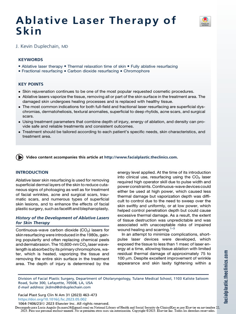 Ablativelasertherapyof Skin: J. Kevin Duplechain | PDF | Scar | Ablation