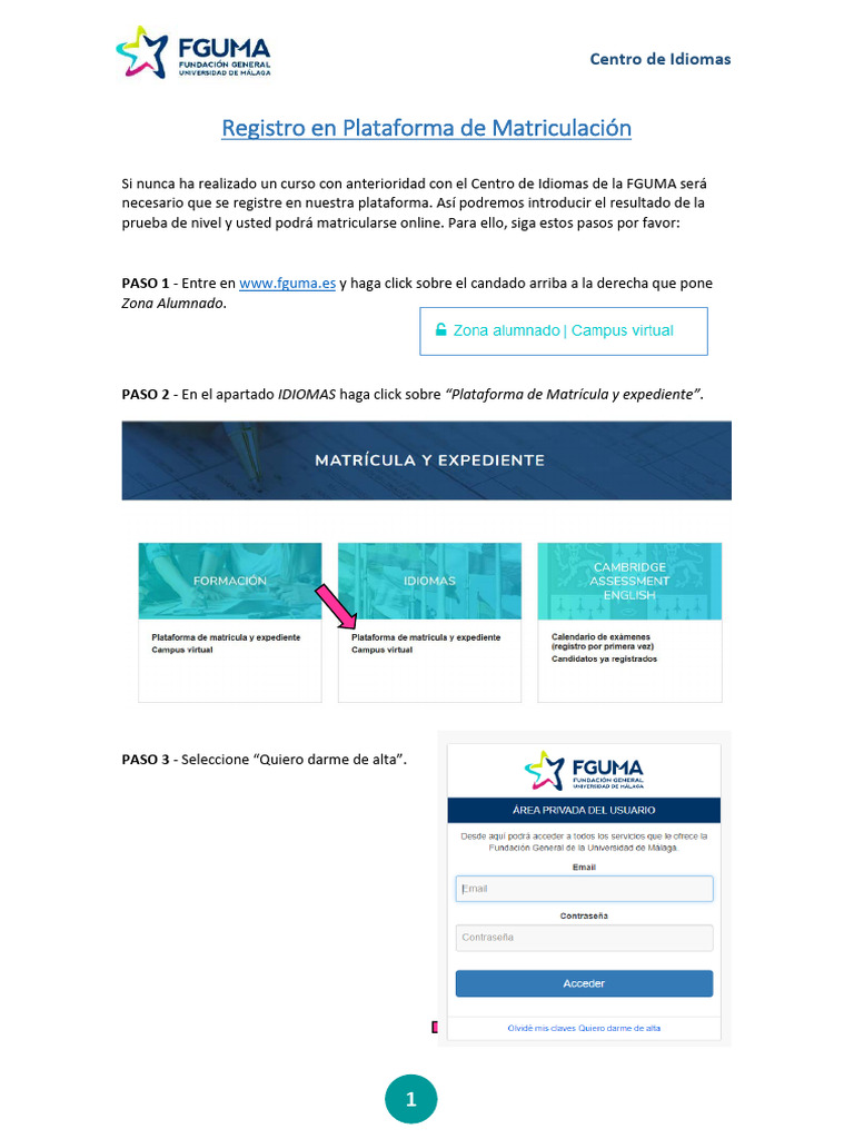 TUTORIAL Registro en Plataforma de Matriculación - Centro de Idiomas | PDF