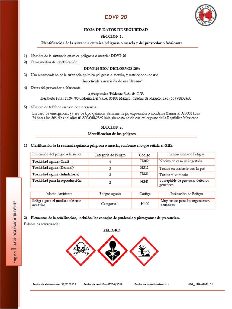 DDVP 20 - HOJA DE SEGURIDAD | PDF | Agua | Toxicidad