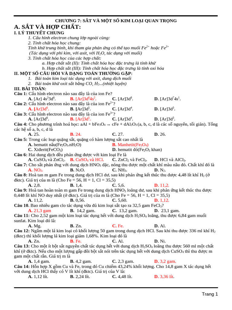 D Y THÊM HÓA 12 - Chuong 7. Sat Va Mot So Kim Loai Quan Trong | PDF