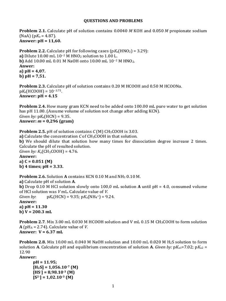 3, (Key) QUESTIONS AND PROBLEMS (Acid Base) | PDF | Acid Dissociation Constant | Ph