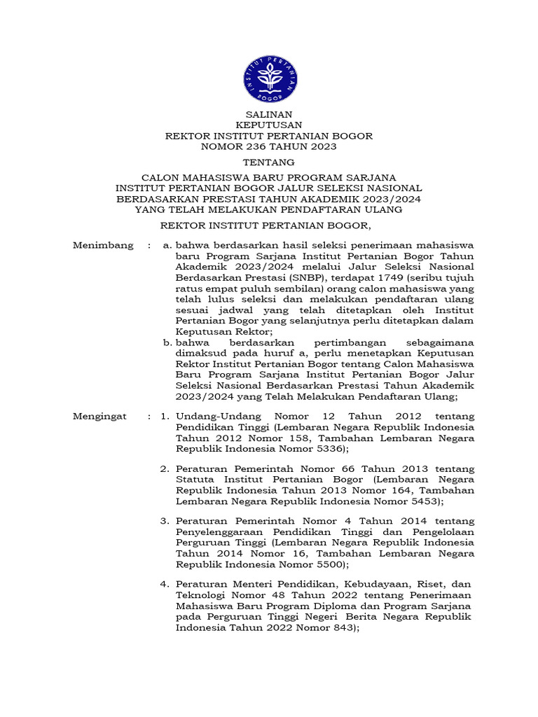 Calon Mahasiswa Baru IPB 2023/2024 | PDF