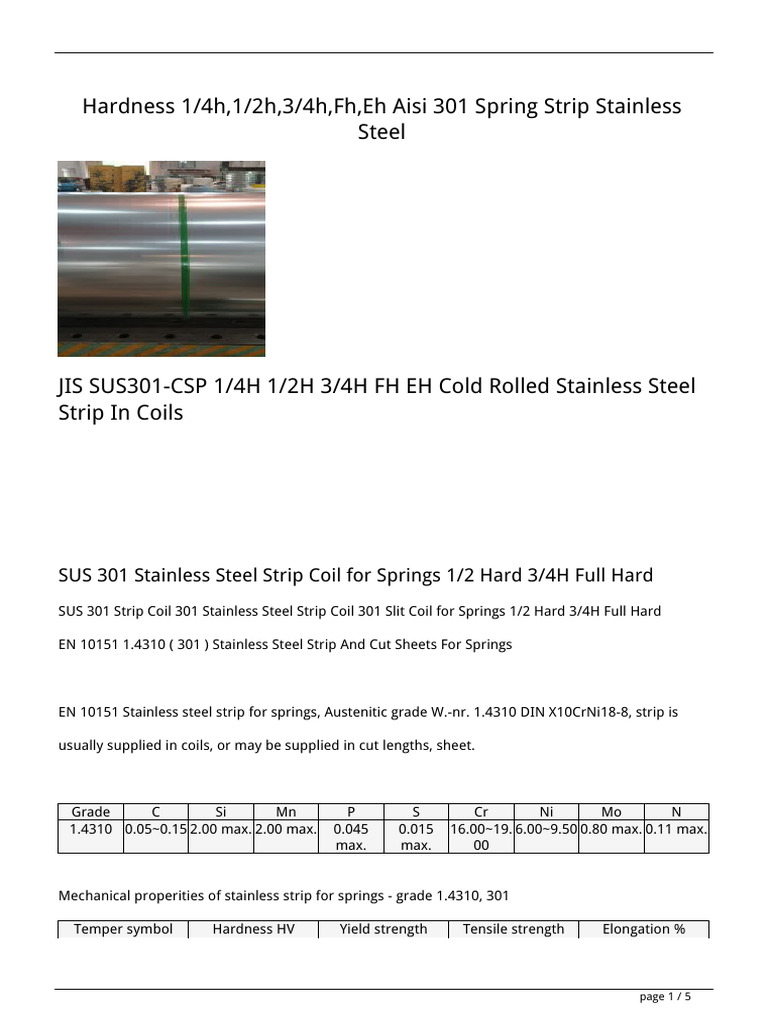 AISI 301 Stainless Steel Spring Strips | PDF | Stainless Steel | Steel