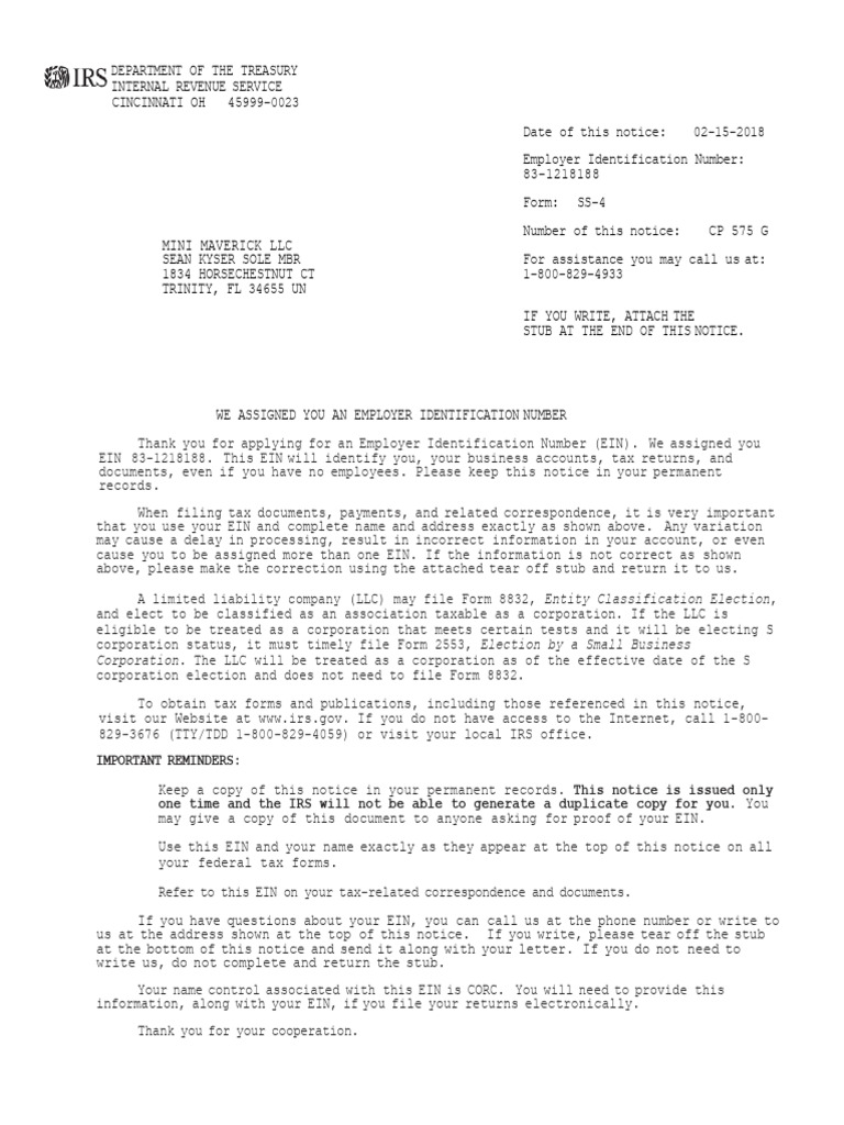 Ein-Mini Maverick LLC | PDF | Limited Liability Company | Irs Tax Forms