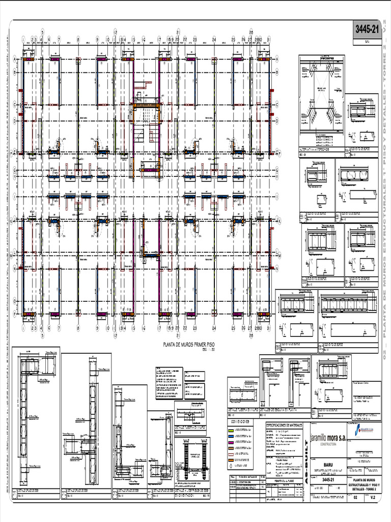Torre 2 - EST - Plano - 02 - PLANTA DE MUROS ESTRUCTURALES 1° PISO Y DETALLES - TORRE 2 | PDF