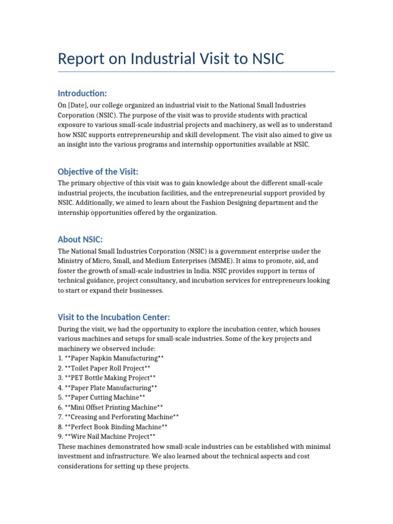 NSIC Industrial Visit Report | PDF | Entrepreneurship | Economies