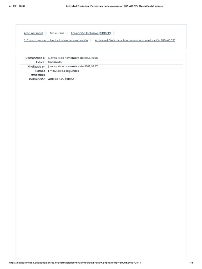 Actividad Dinámica - Funciones de La Evaluación (U5.AC.02) - Revisión Del Intento | PDF ...
