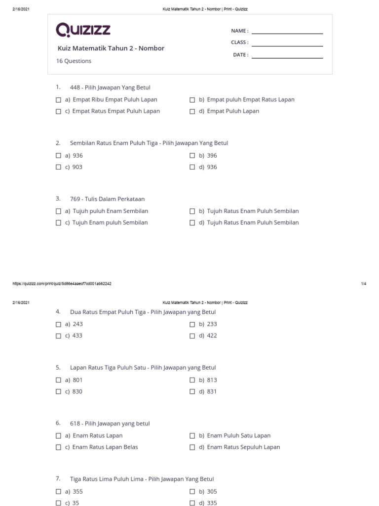 Kuiz Matematik Tahun 2 - Nombor - Print - Quizizz | PDF