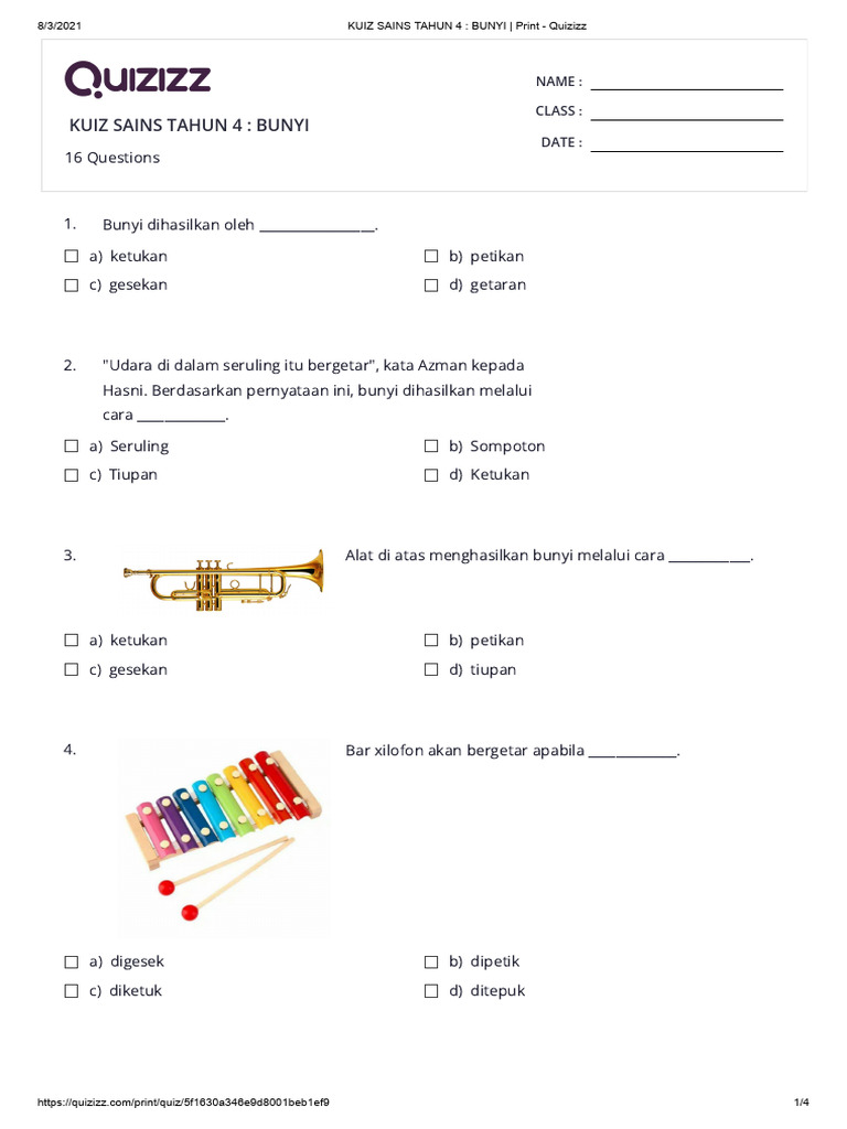 Kuiz Sains Tahun 4 - Bunyi - Print - Quizizz | PDF