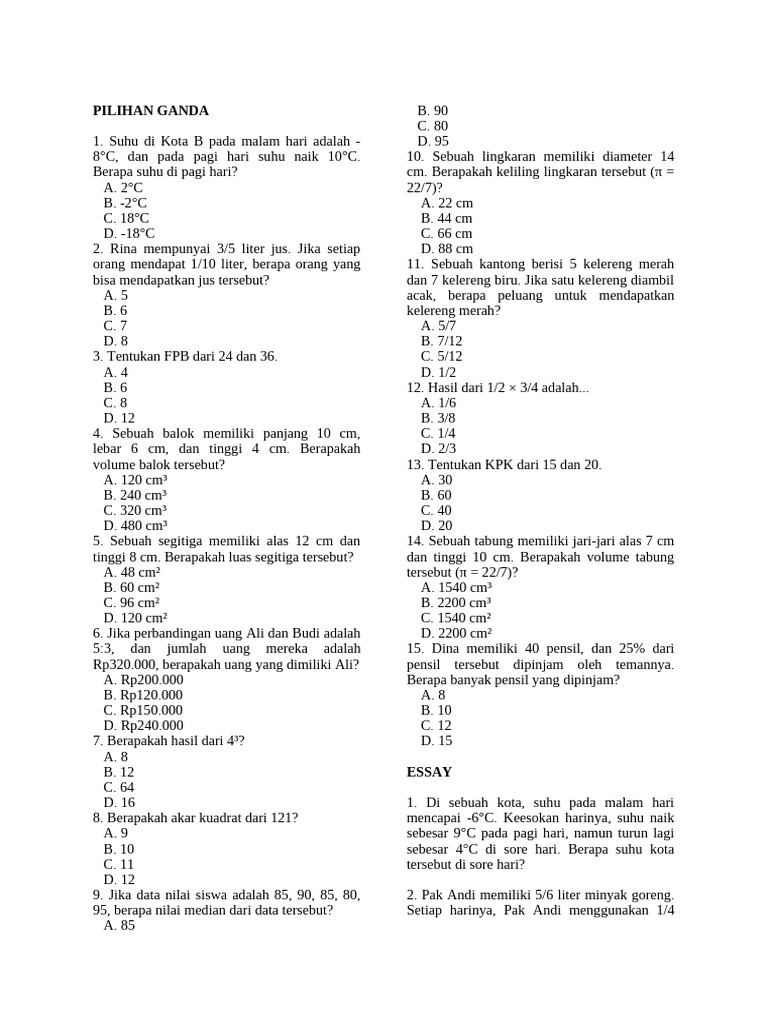 Latihan Soal MTK Kelas 6 Dan 7 | PDF | Sains & Matematika