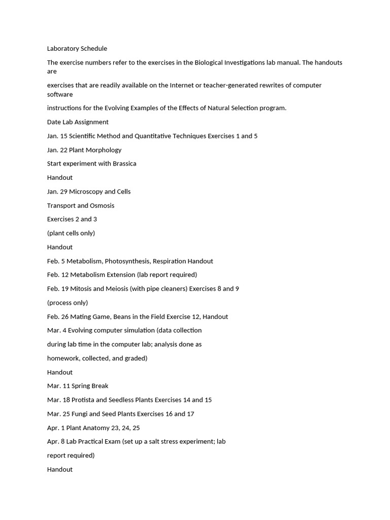 Laboratory Schedule | PDF | Biology | Plants