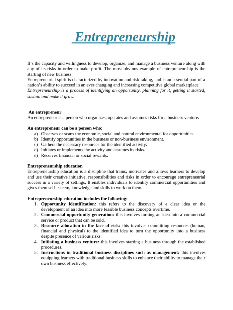 Entrepreneurship Full Notes-1 | PDF | Entrepreneurship | Innovation