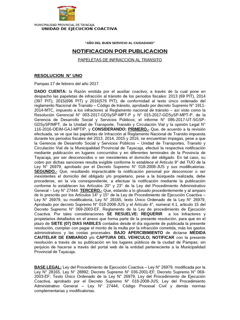 Notificación Multas Tránsito Tayacaja | PDF | Gobierno | Justicia