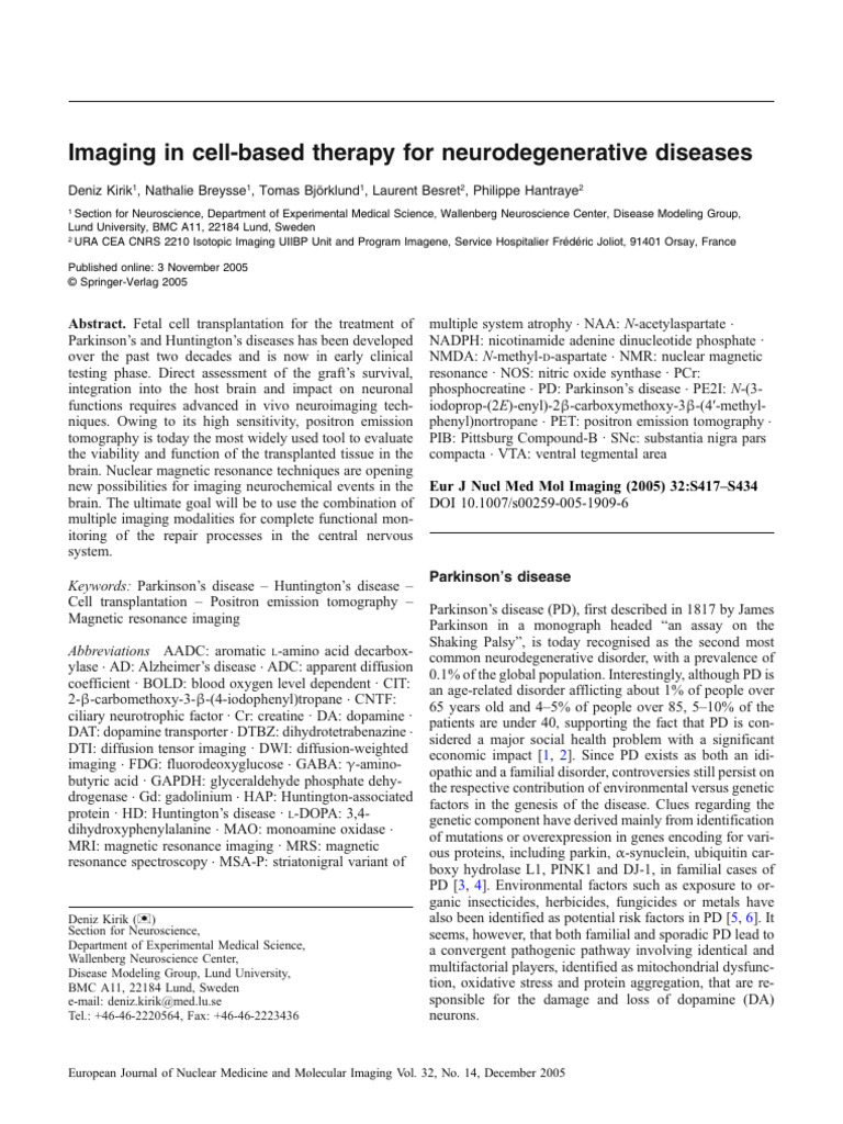 Imaging in Cell-Based Therapy For Neurodegenerative Diseases - Deniz Kirik1, Nathalie Breysse1 ...