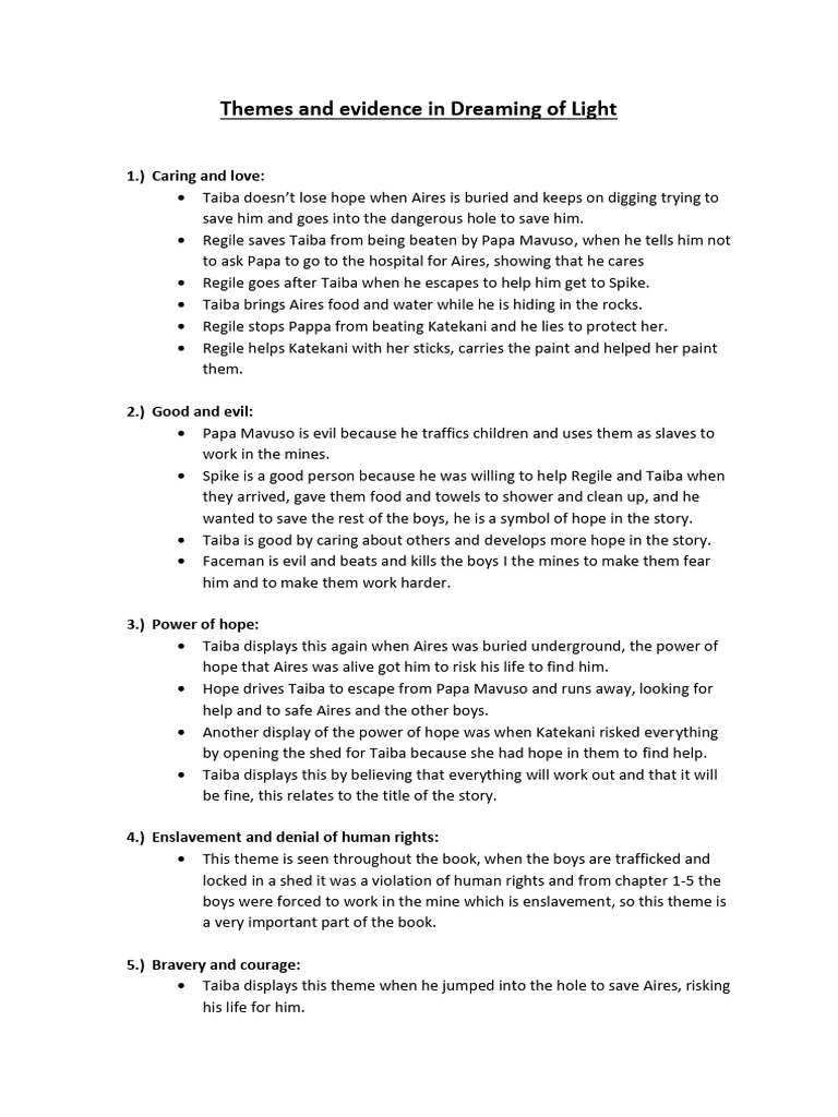 Themes and evidence in Dreaming of Light | PDF