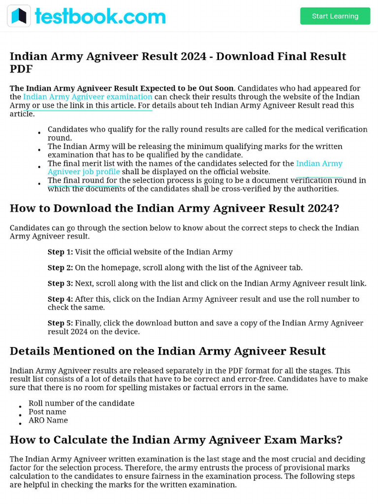 Indian Army Agniveer Result 2024 - Download Final Result PDF | PDF