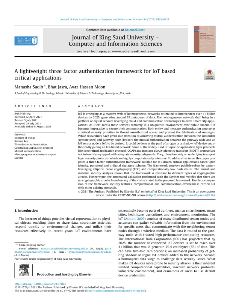A Lightweight Three Factor Authentication Framework For IoT Based Critical Applications | PDF ...