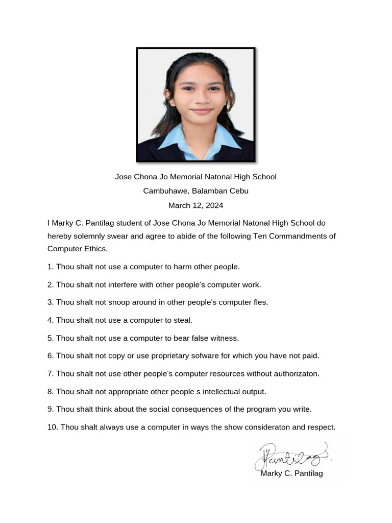 Ten Commandments of Computer Ethics | PDF