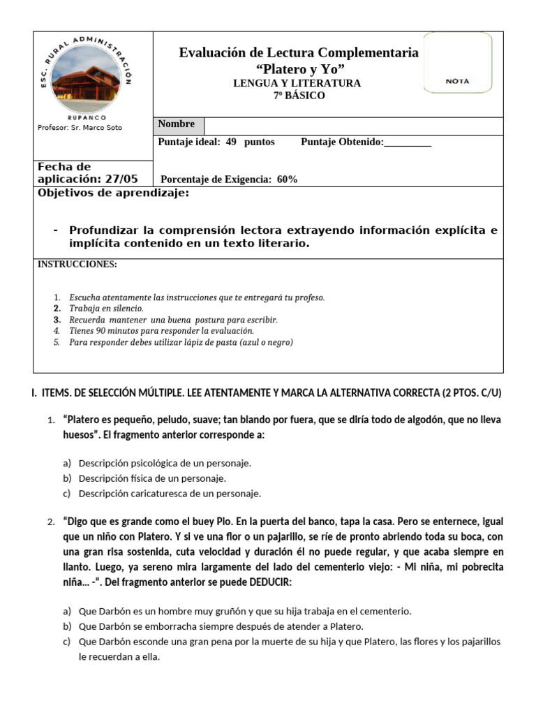Evaluación Lectura Complementaria Platero y Yo 7mo Básico | PDF