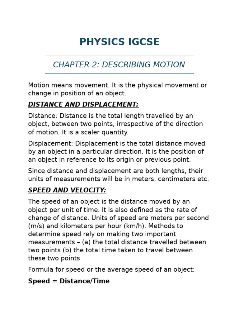 Chapter 2 - Describing Motion (Notes) (PHYSICS IGCSE) | PDF ...