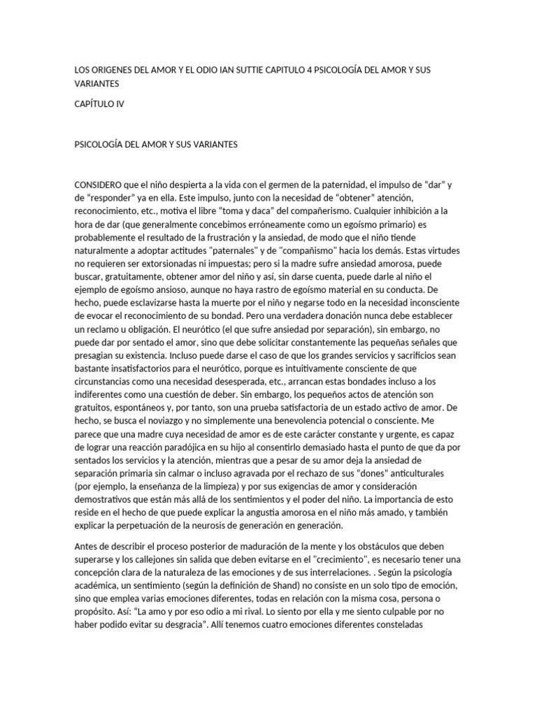 Los Origenes Del Amor y El Odio Ian Suttie Capitulo 4 Psicología Del ...