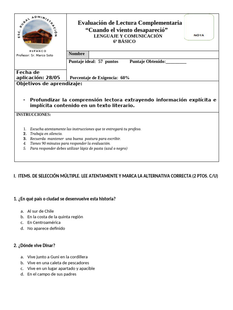 Evaluación Lectura Complementaria Cuando El Viento Desapareció 6to Básico Adecuada | PDF