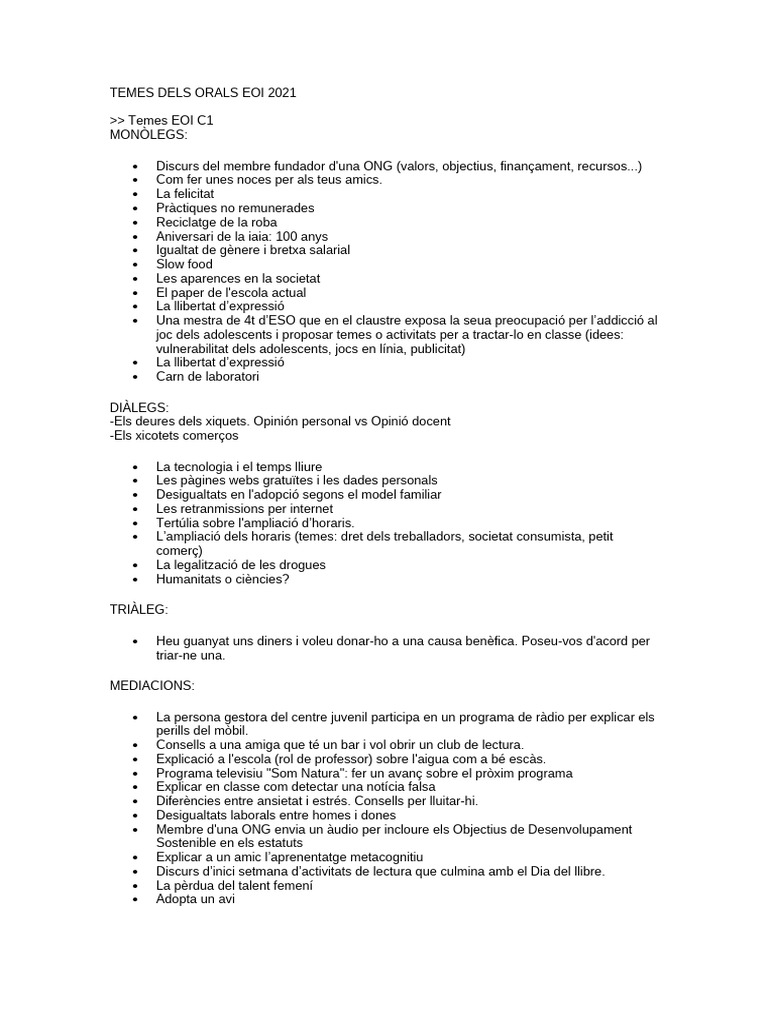 Temes Dels Orals Eoi 2021 | PDF