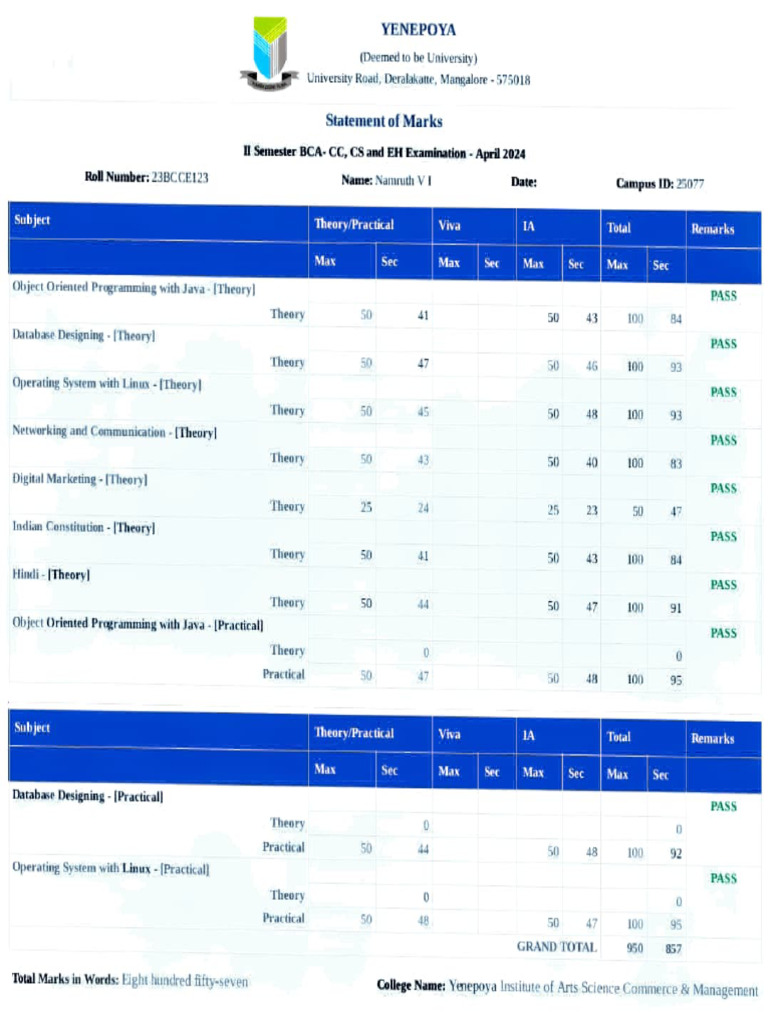 BCA II Semester Exam Marks 2024 | PDF