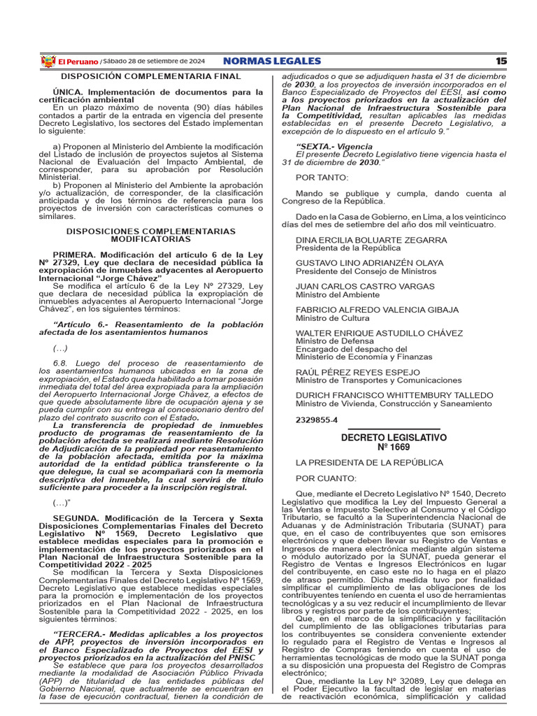 Normas Legales: Disposición Complementaria Final ÚNICA. Implementación de Documentos para La ...