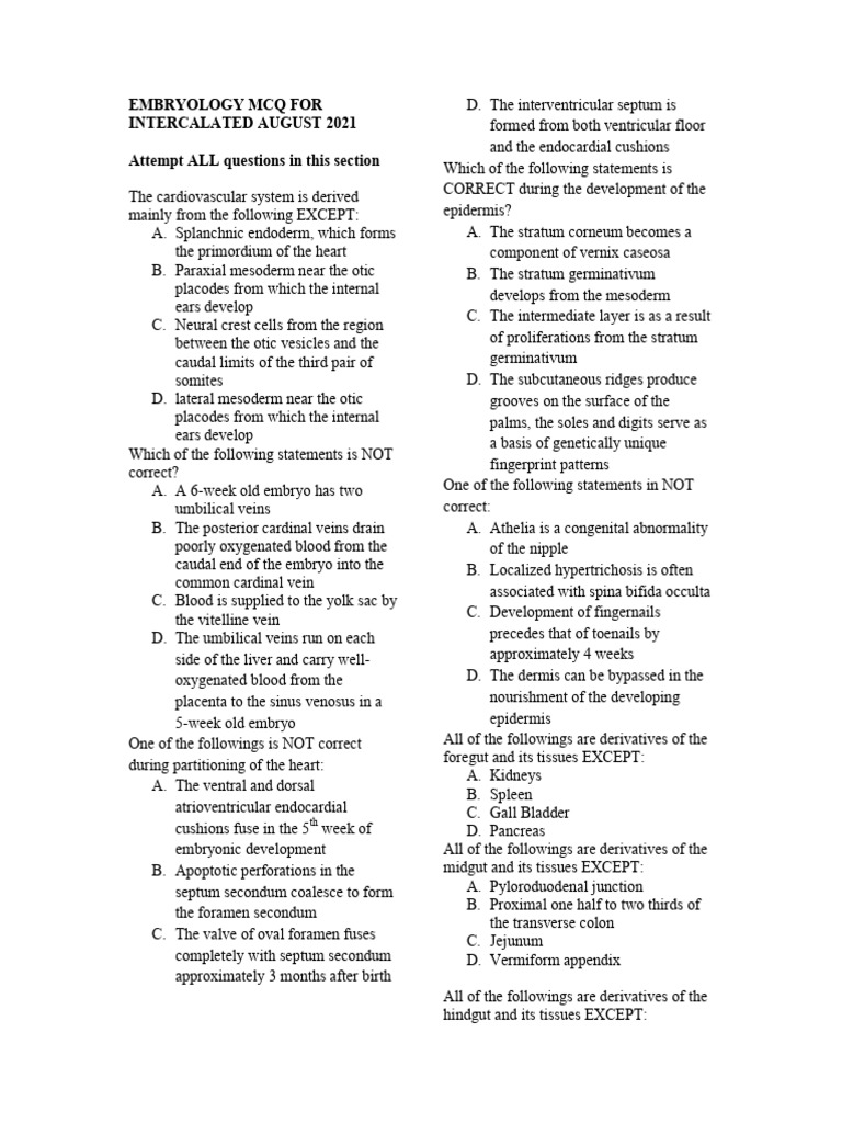 Embryology MCQ For Intercalated 2021 | PDF | Ventricle (Heart) | Atrium ...