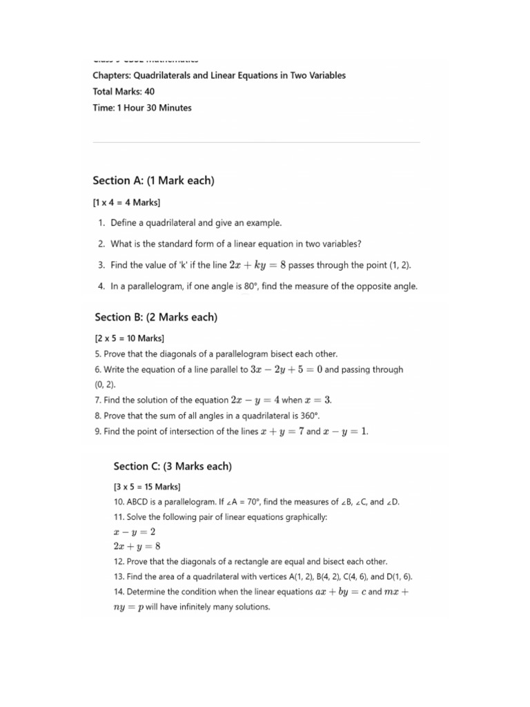 maths cbse quad linear eq | PDF