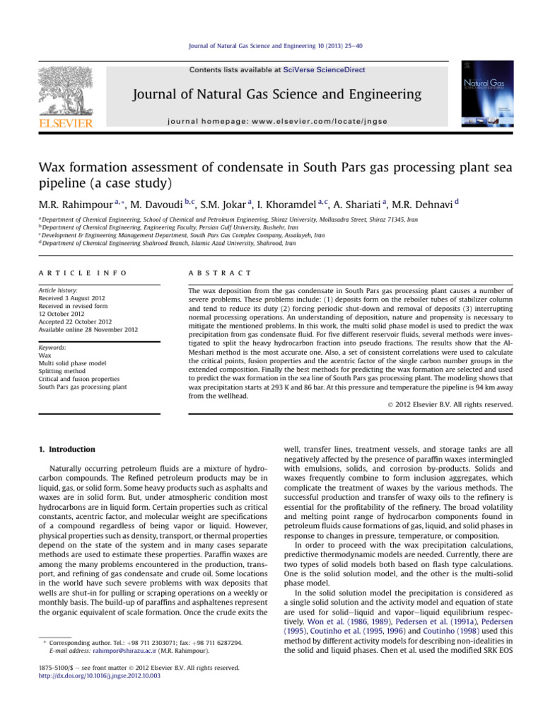 Wax Formation Assessment of Condensate i | PDF | Phase (Matter) | Oil ...