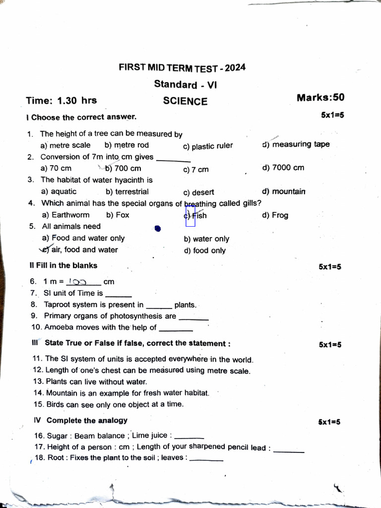 6th Science 1st Mid Term Test 2024 Original Question Paper Theni ...