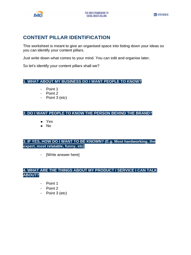 (EDITABLE) Content Pillar Identification Worksheet | PDF