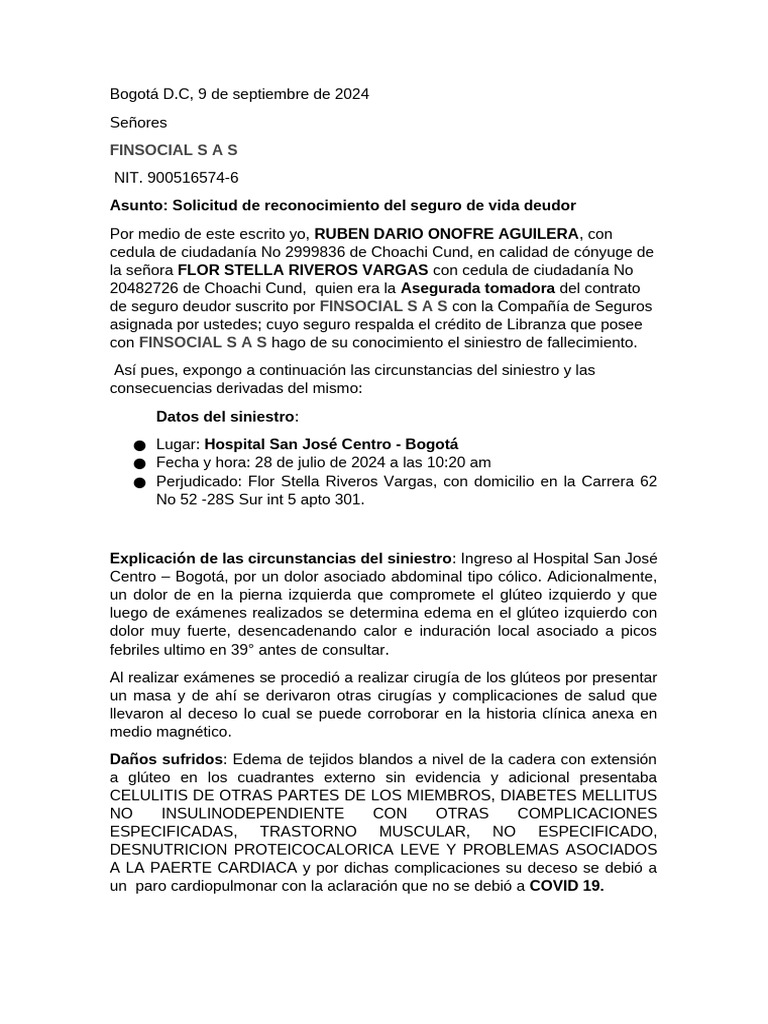 Carta de Reclamacion de Seguro Deudor | PDF | Medicina CLINICA ...