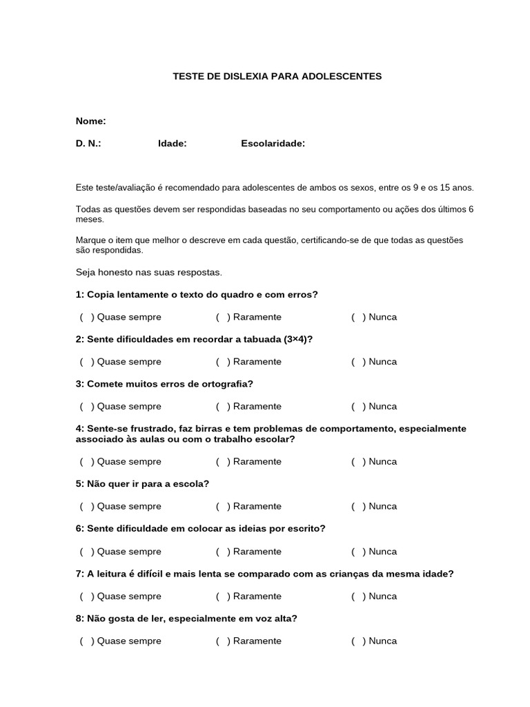 Teste de Dislexia para Adolescentes | PDF | Dislexia