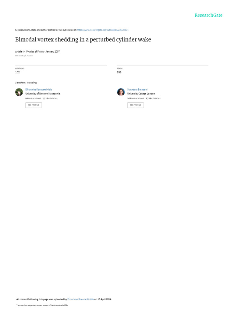 Bimodal vortex shedding in a perturbed cylinder wake | PDF | Vortices ... Bimodal vortex shedding in a perturbed cylinder wake | PDF | Vortices ...