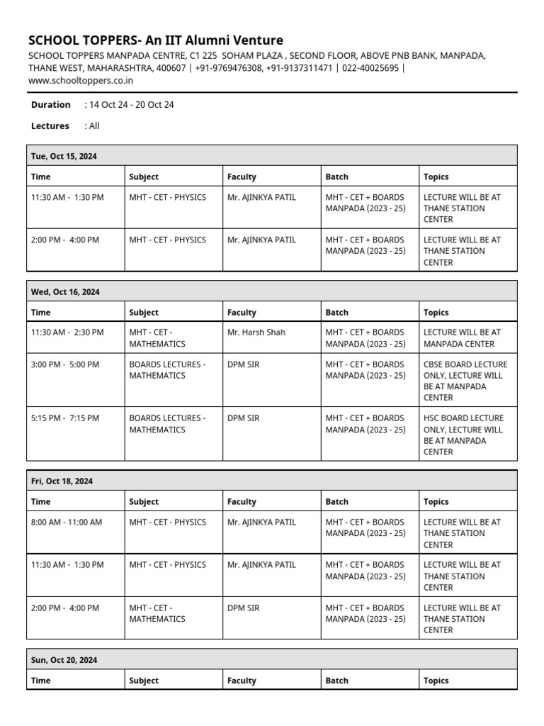 12th MHT - CET - TT - 14th Oct To 20th Oct'24 - Manpada Center | PDF