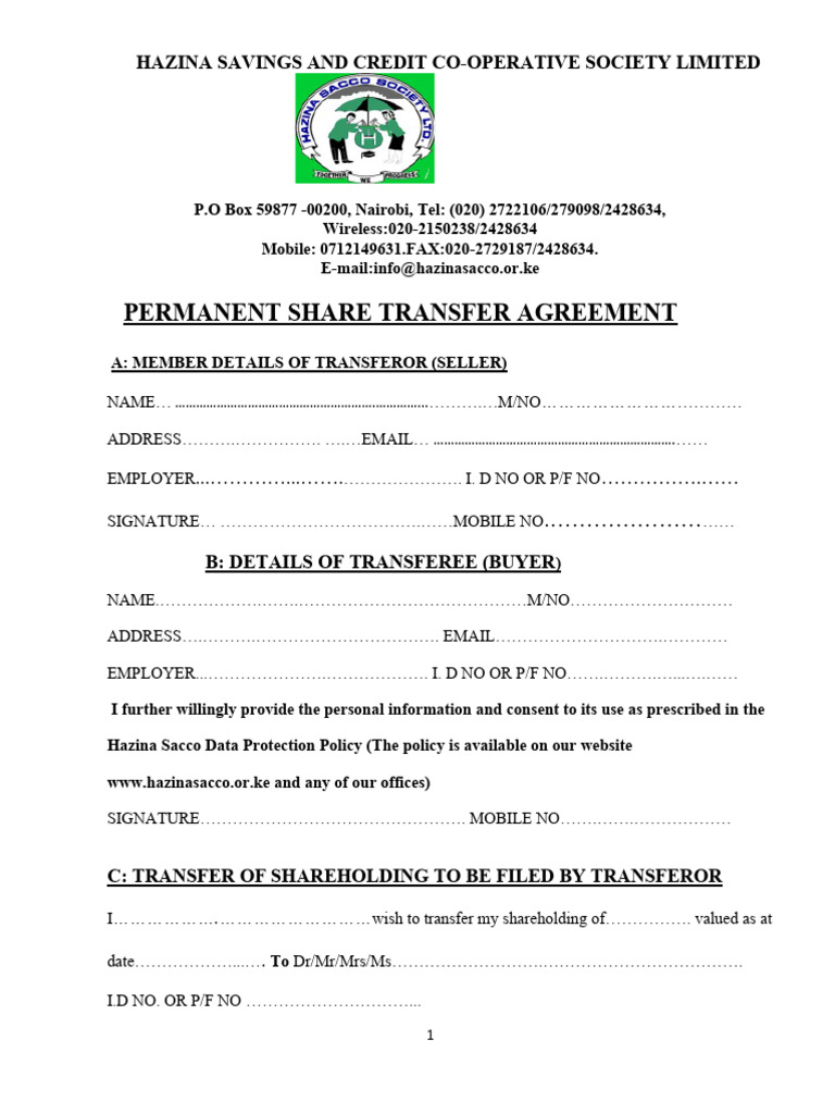 Hazina SACCO Share Transfer Agreement | PDF