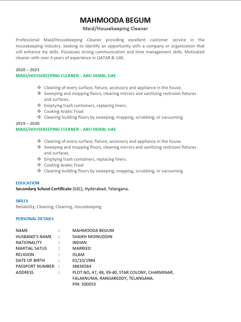 Mahmooda Begum House Maid Resume | PDF | Career & Growth