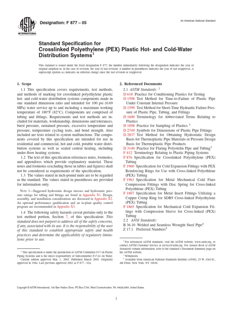 astm f877-05 | PDF | Pipe (Fluid Conveyance) | Mechanical Engineering