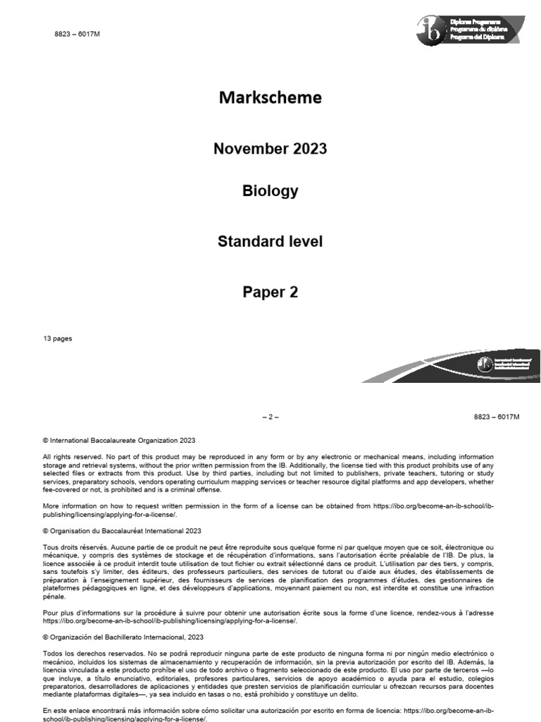 Biology Paper 2 TZ2 SL Markscheme (N2023) | PDF | Glucose | Insulin