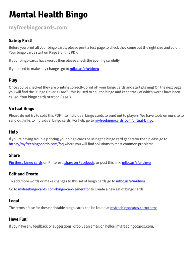 Mental Health Bingo Cards | PDF | Mental Disorder | Major Depressive ...