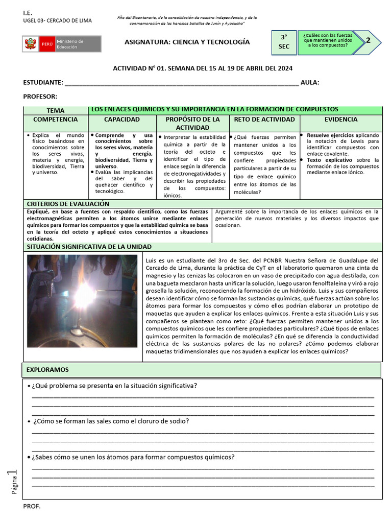 (PDF) 3°sec - UNIDAD 2 - ACTIVIDAD 1 (CyT Explica 2024) - Los Enlaces Químicos y Su Importancia ...