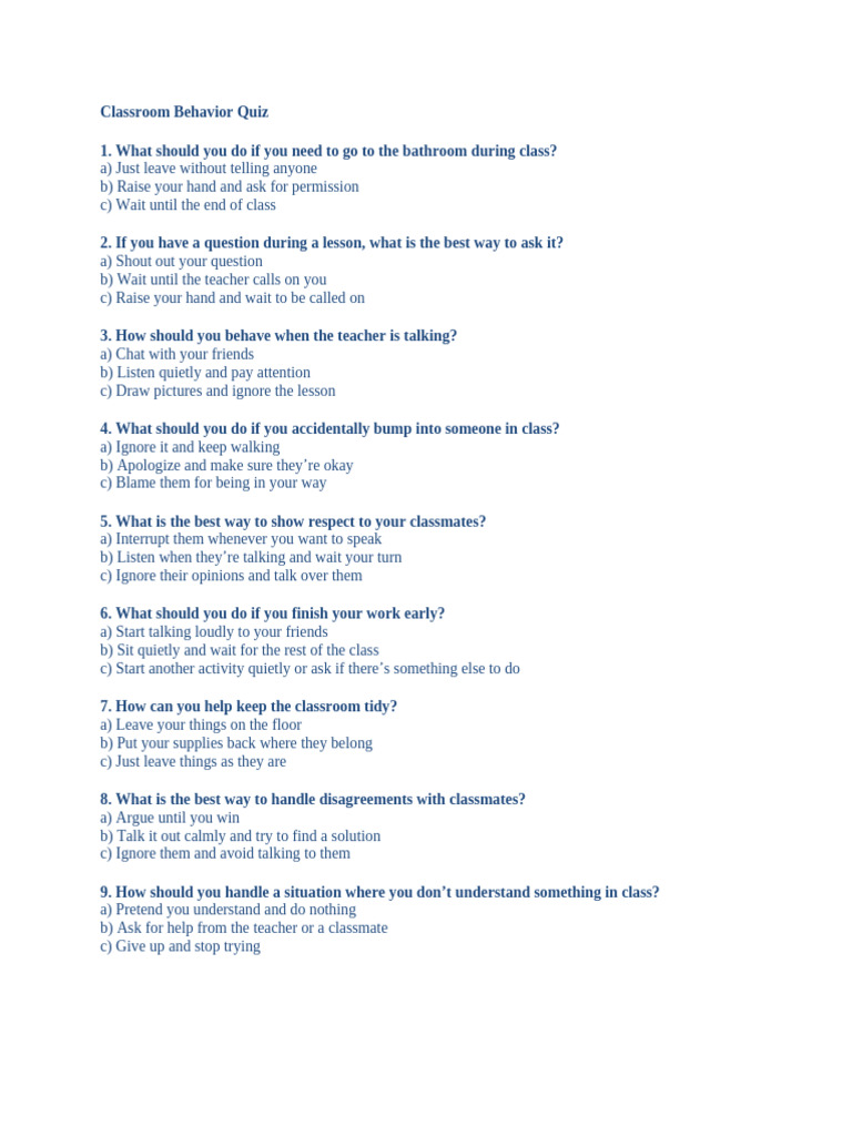 Classroom Behavior Quiz | PDF | Career & Growth | Language Arts ...
