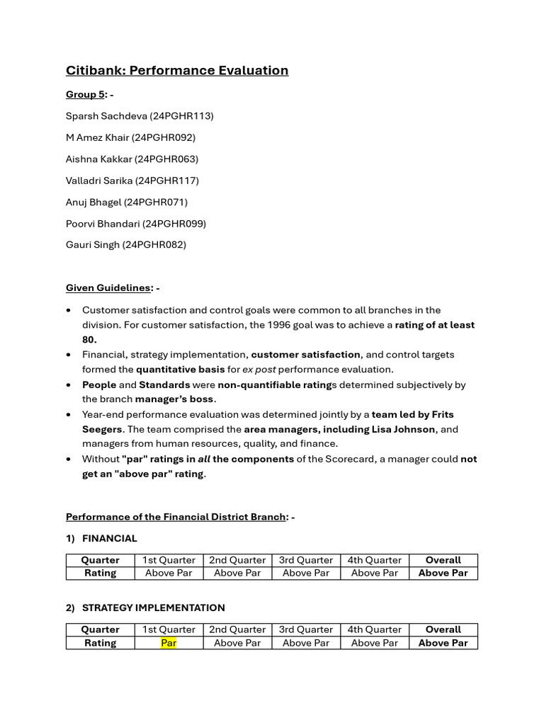 Group-5-Citibank - Performance Evaluation | PDF | Customer Satisfaction | Business Economics