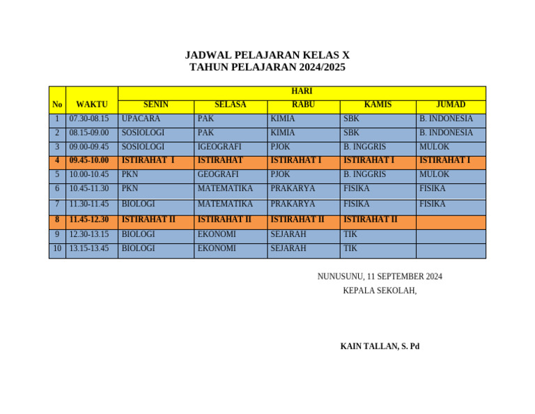 Jadwal Pelajaran Kelas X 2024/2025 | PDF