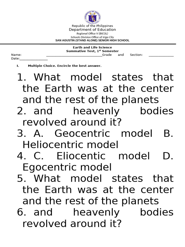 Earth and Life Science Summative Test | PDF | Rock (Geology) | Universe